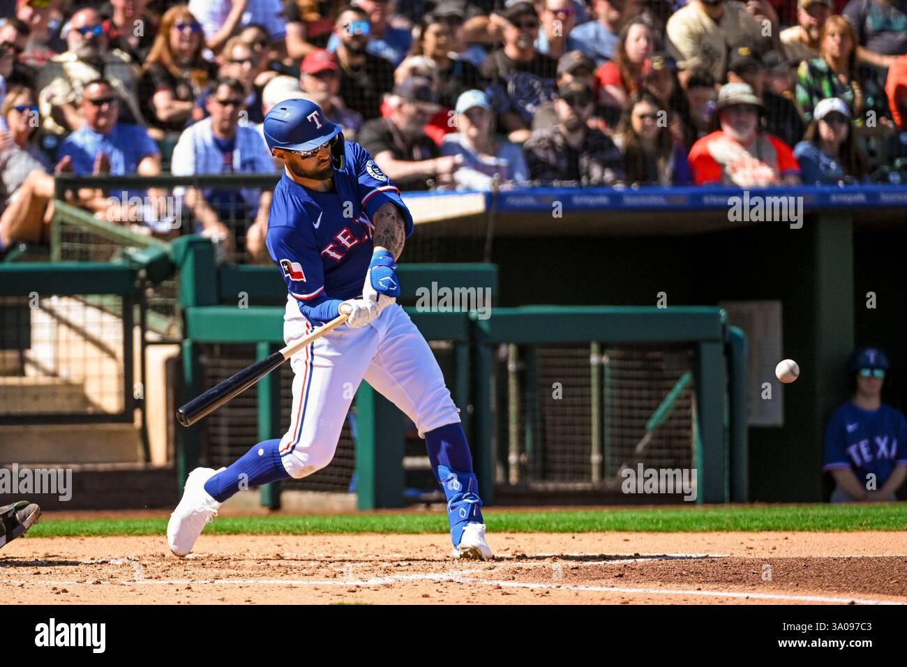 Texas Rangers outfielder Kevin Pillar (16) gourds out in the second ...