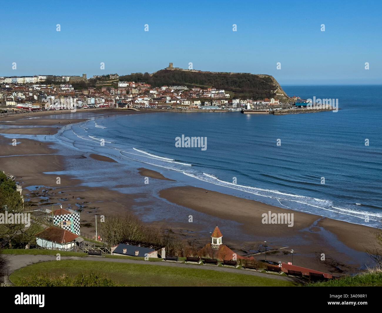 Aerial view at low tide of the seaside town of Scarborough on the North ...