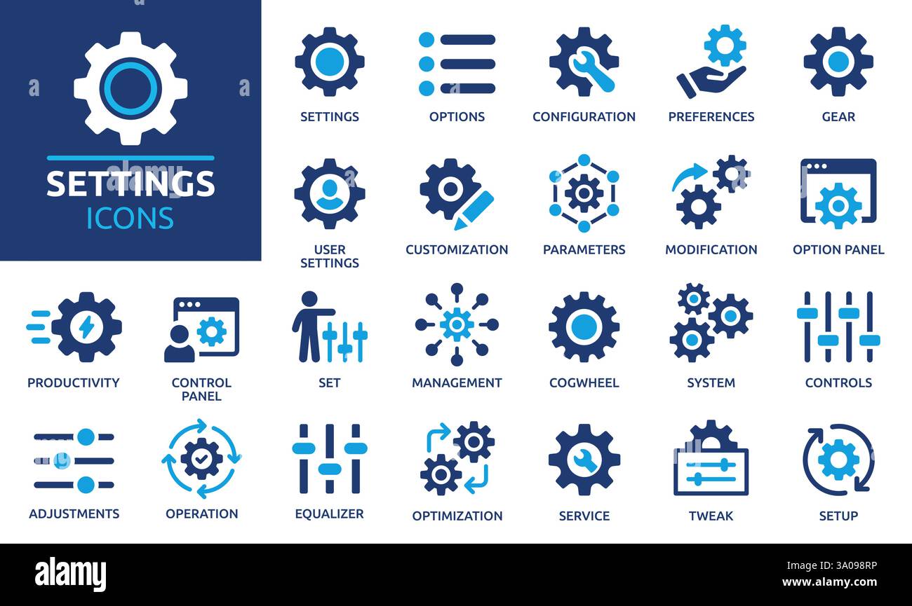 Settings, icon set. Containing options, configuration, preferences ... Settings, icon set. Containing options, configuration, preferences ...