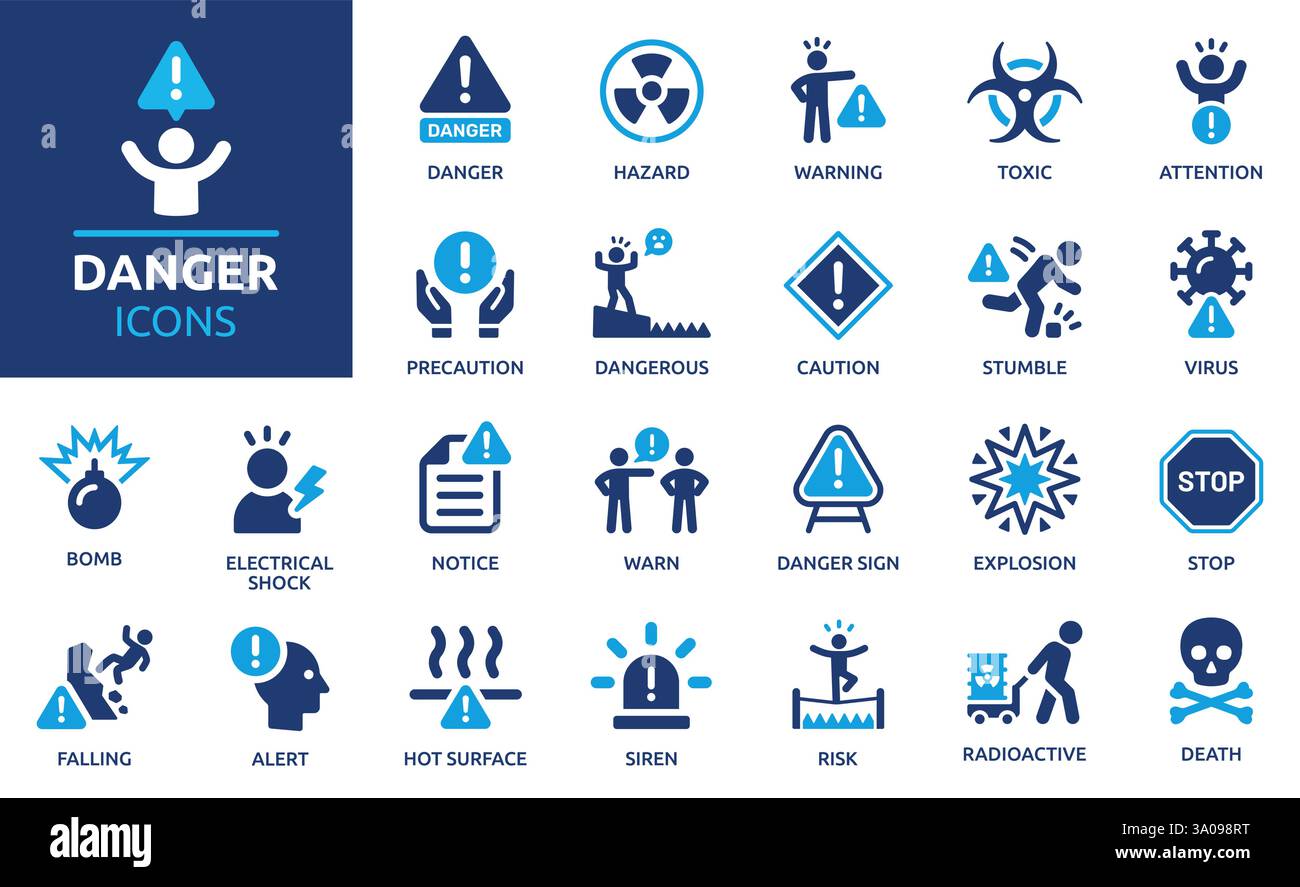 Hazard danger icon set. Containing warning sign, toxic, attention ...
