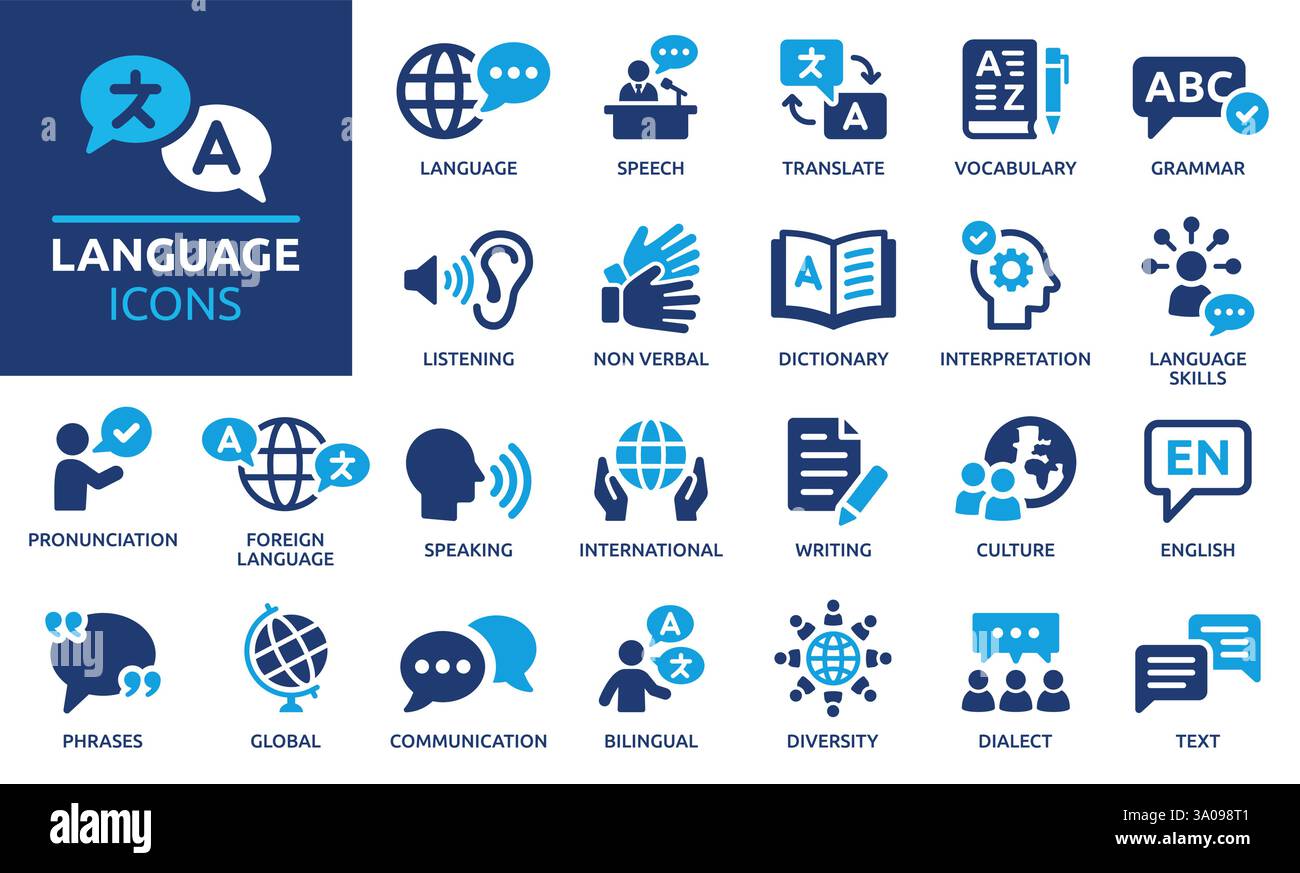 Language icon set. Containing communication, translate, speech, non ...