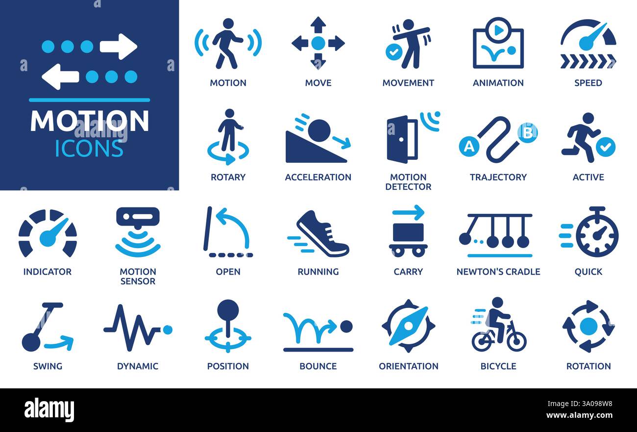 Motion icon set. Containing movement, animation, speed, swing, dynamic ...