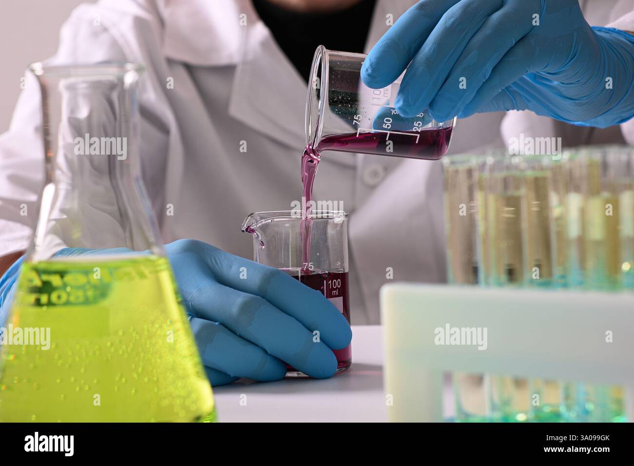 Scientist wearing lab coat and gloves pouring purple chemical liquid in ...