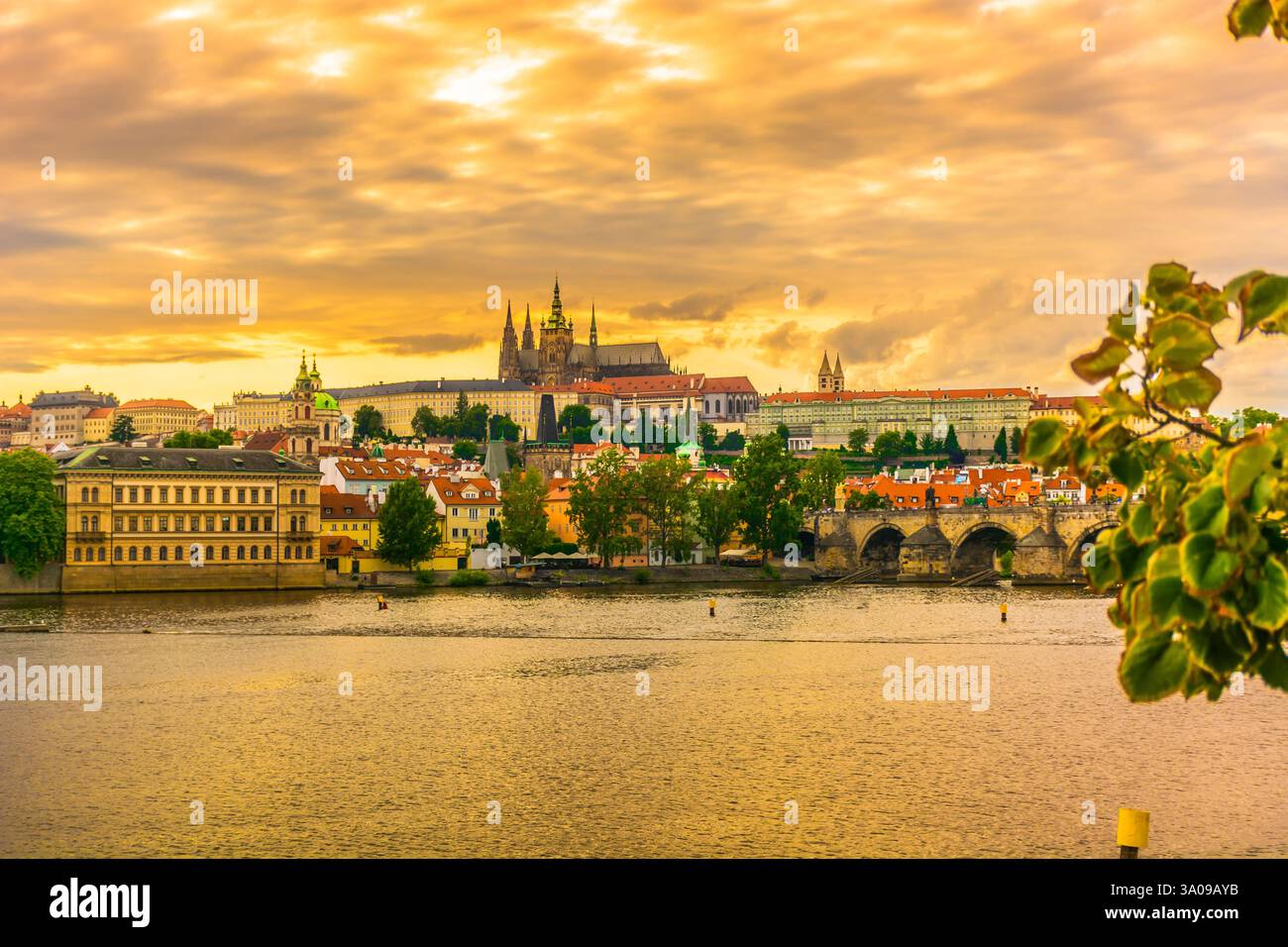 A stunning golden hour view of the Vltava River in Prague, Czech ...