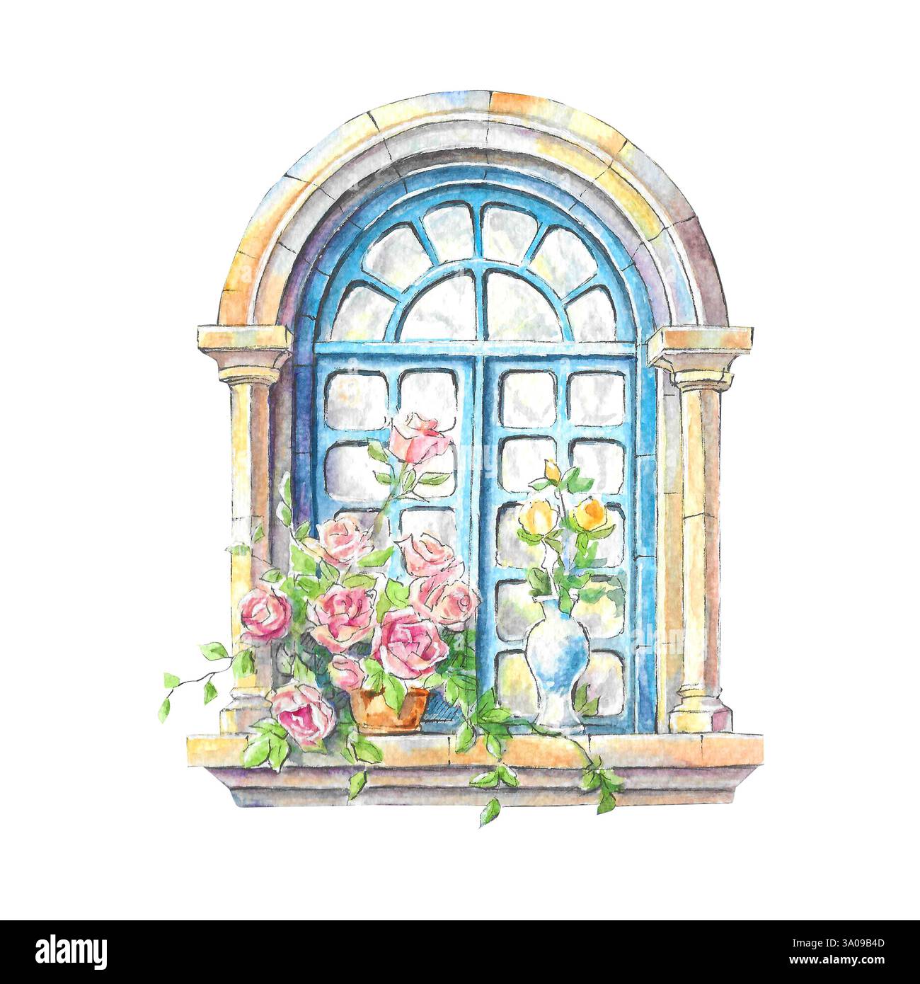 Window with flowers watercolor illustration Stock Photo - Alamy