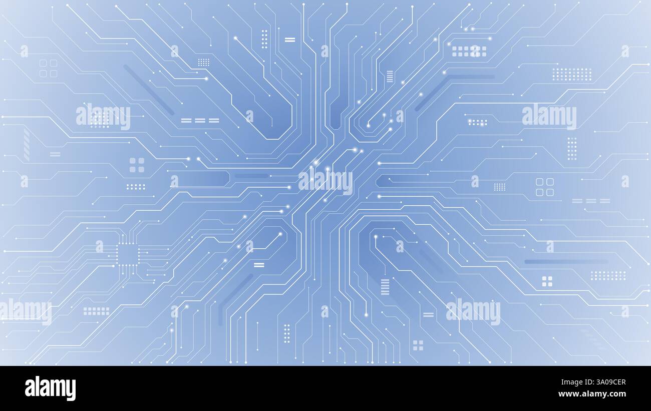 Technology connected white lines with electronics elements on tech bg ...