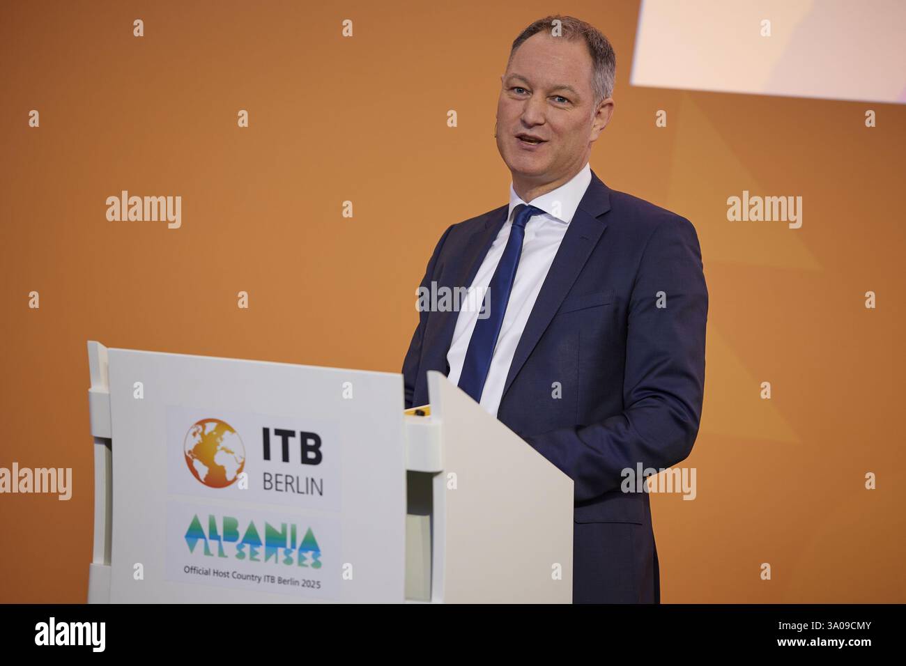 03 March 2025, Berlin: Mario Tobias, CEO Messe Berlin, speaks at the ...