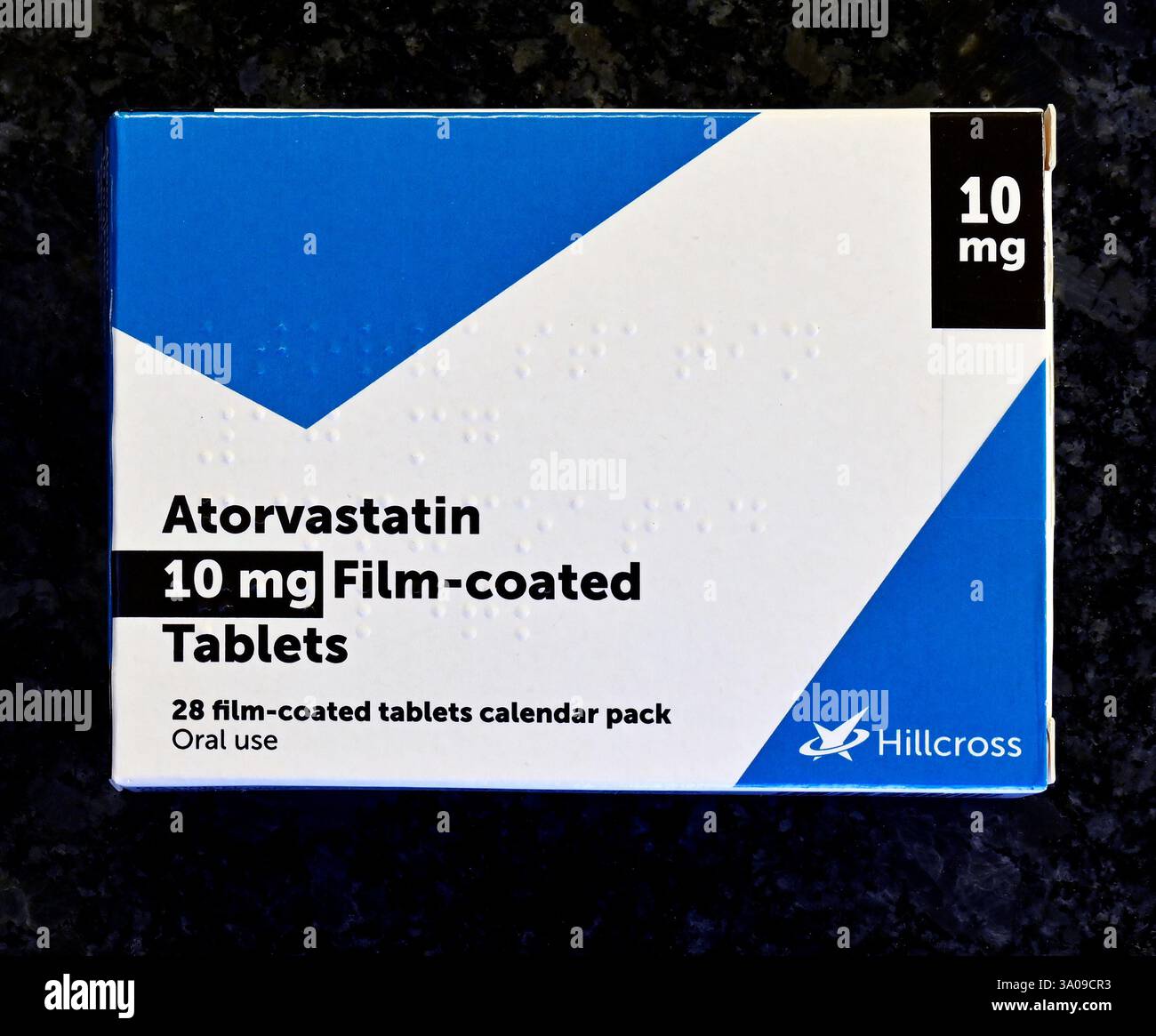 Photograph of a pack of Atorvastatin tablets. 10mg Film-coated. 28 film ...