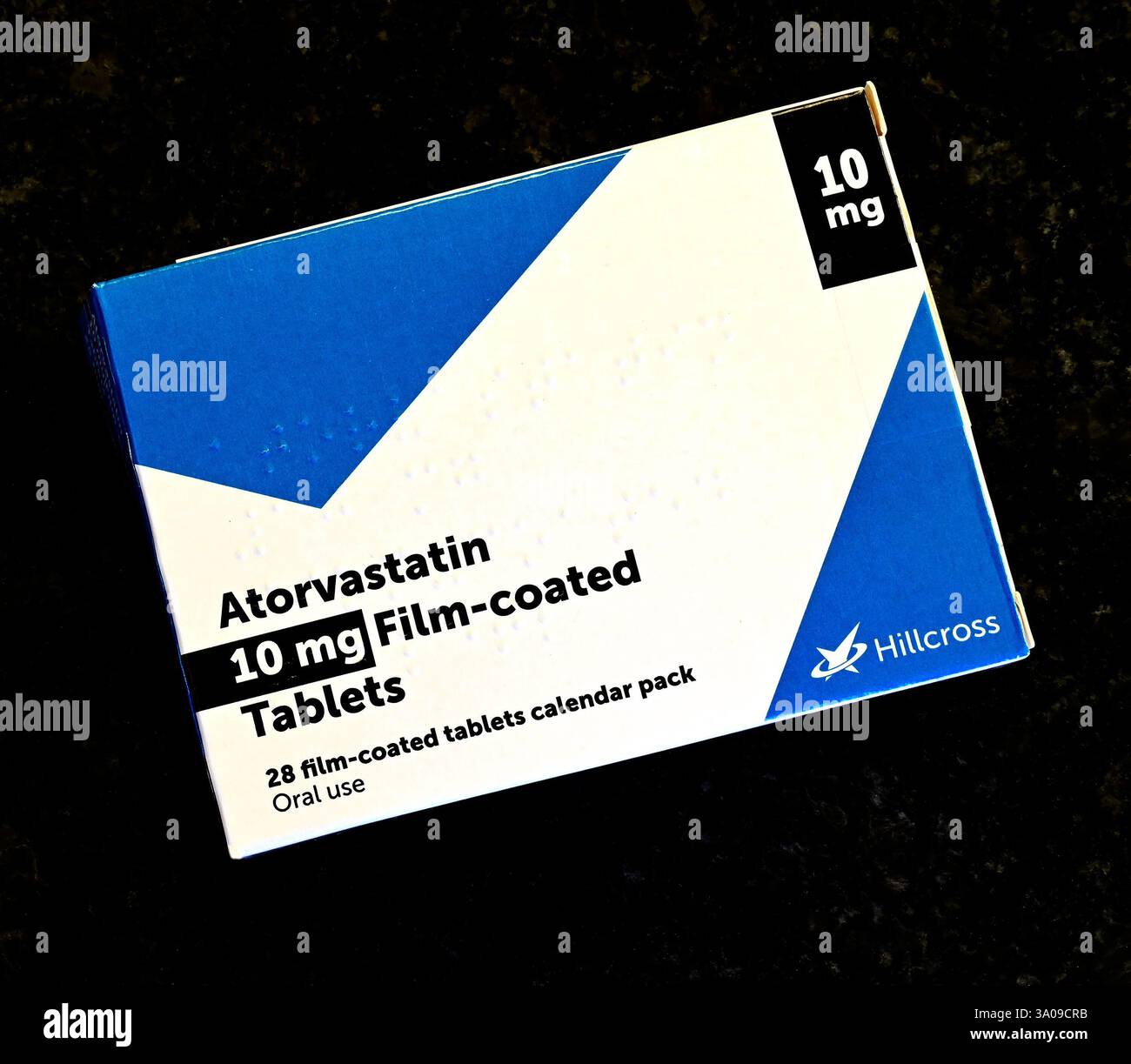 Photograph of a pack of Atorvastatin tablets. 10mg Film-coated. 28 film ...