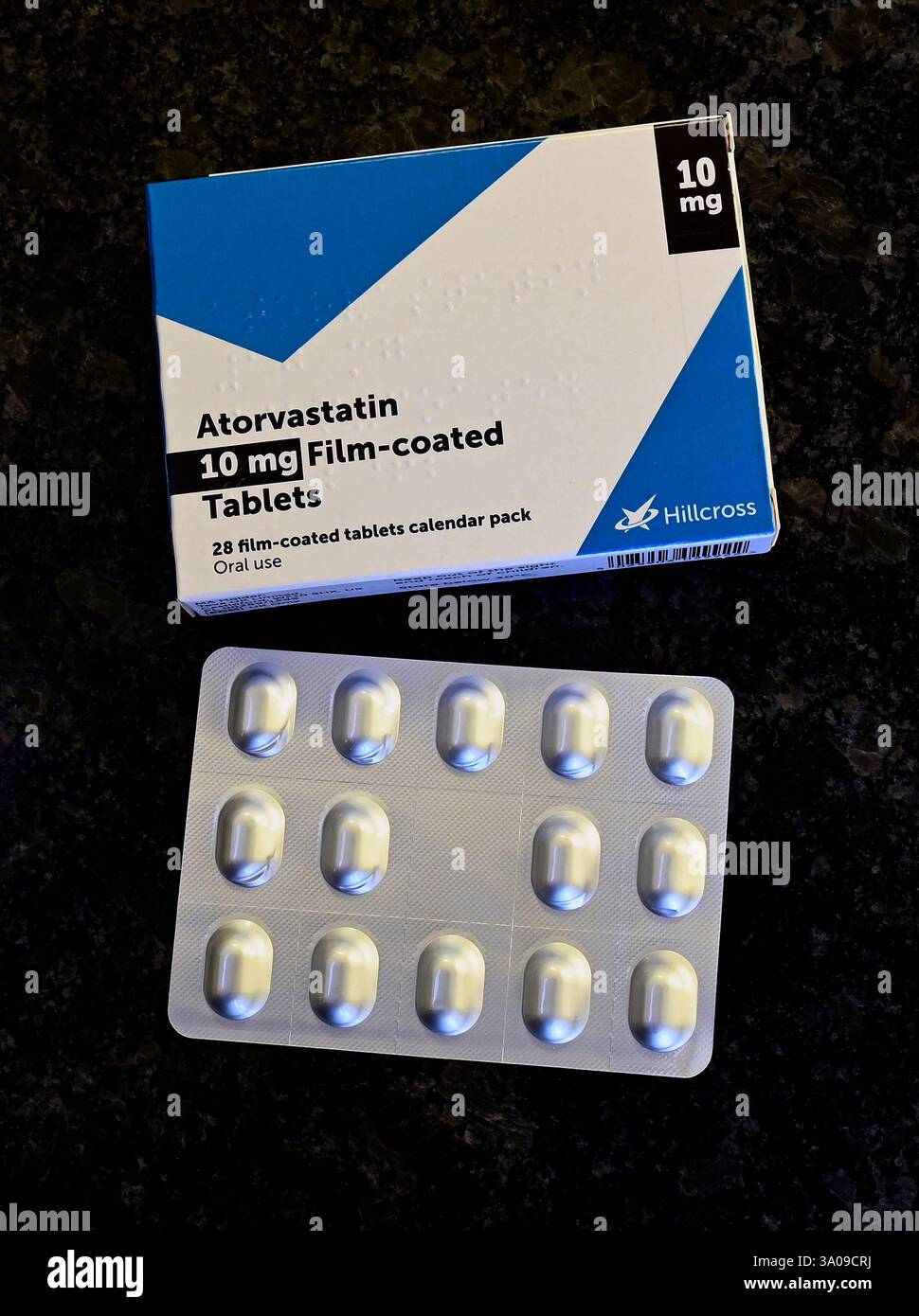 Photograph of a pack of Atorvastatin tablets. 10mg Film-coated. 28 film ...