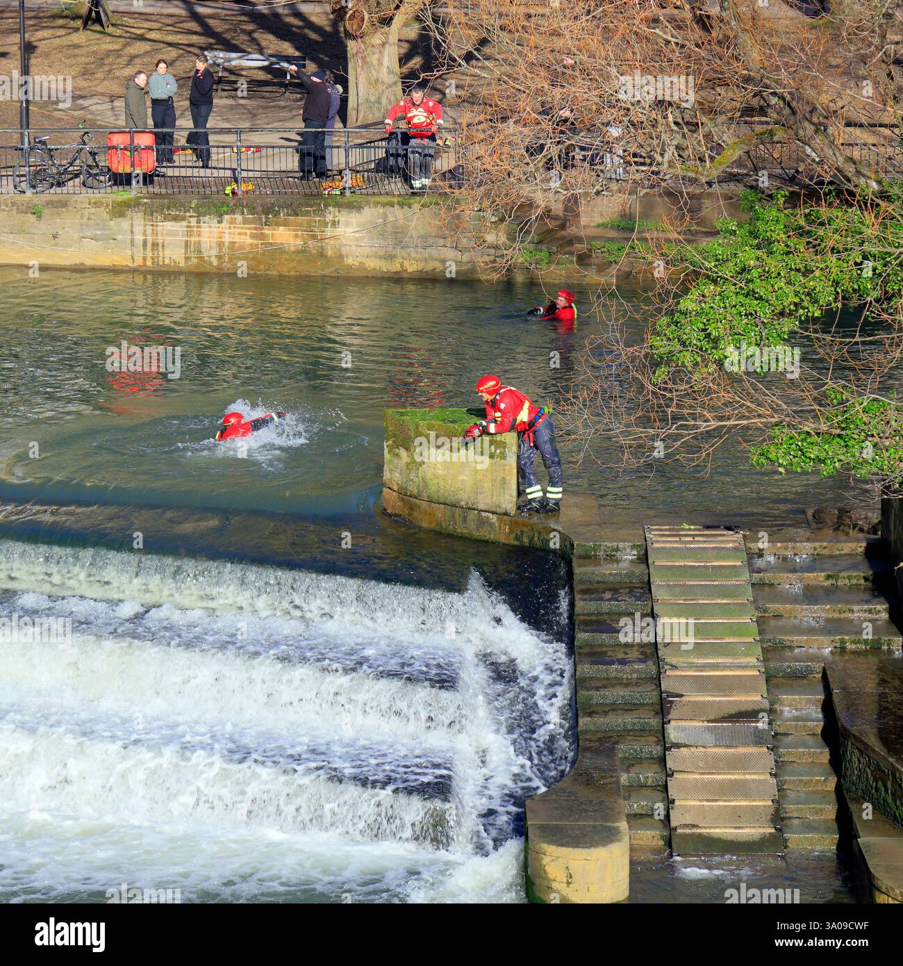 Emergency services training exercise at the weir on the river Avon near Pulteney Bridge, Bath ...