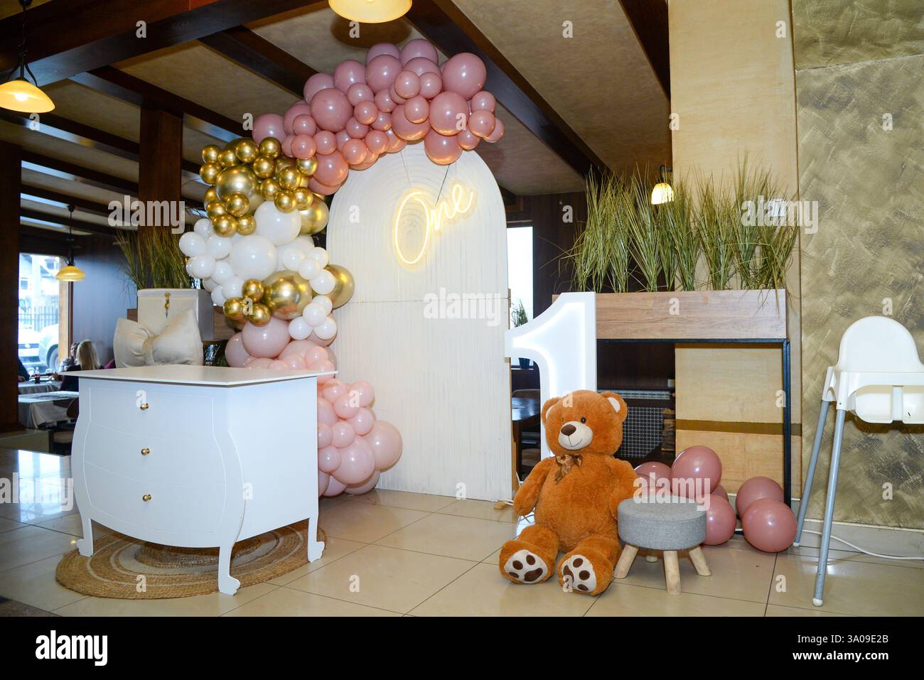 White background with various colorful balloons, neon number one, big ...