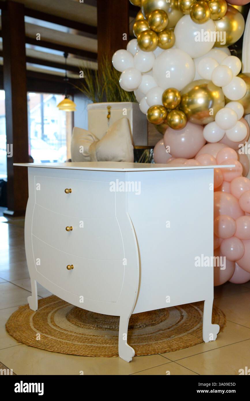 White background with various colorful balloons, neon number one, big ...