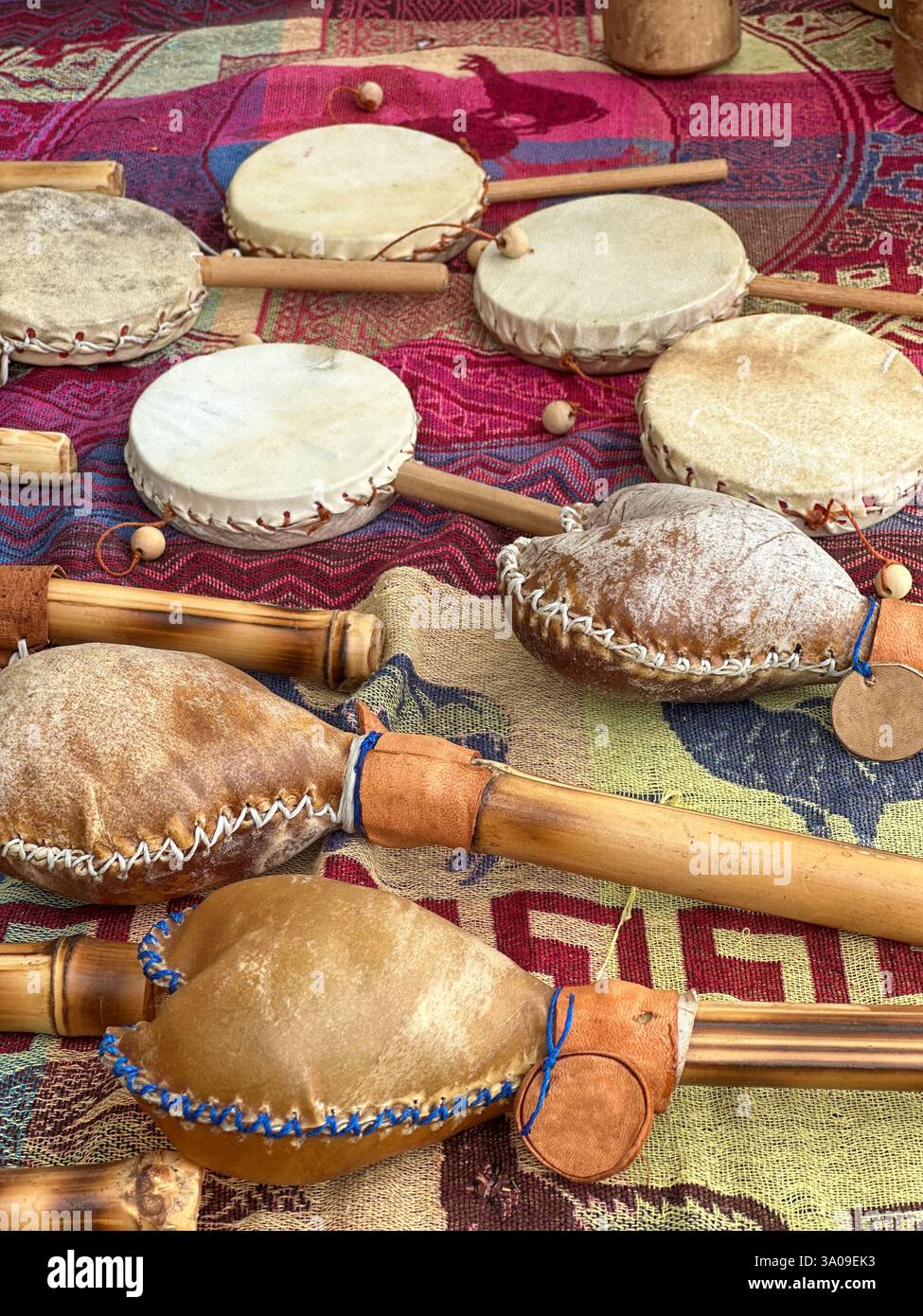 wooden handmade music therapy instruments, maracas and drums on the ...