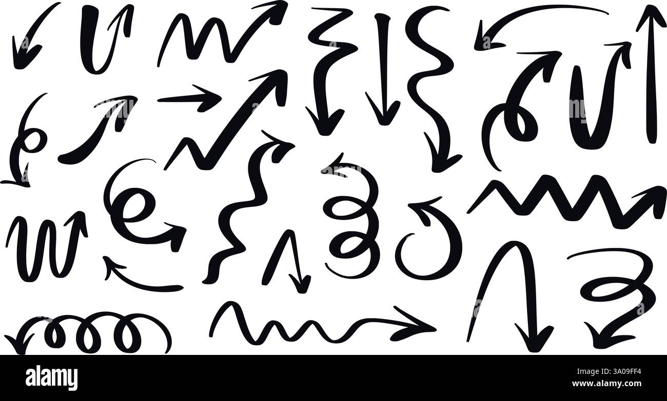 Universal arrows in doodle style set. Collection of ink arrows right ...