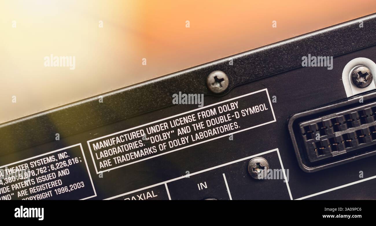 Paris, France - Mar 31, 2023: Detailed view of a label on an audio ...