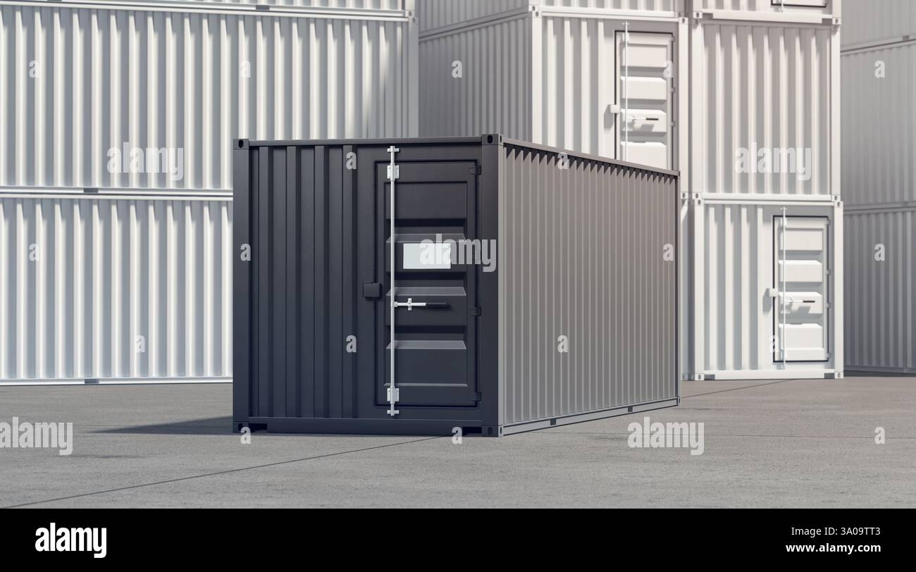 Black steel cargo container standing in port mockup Stock Photo - Alamy