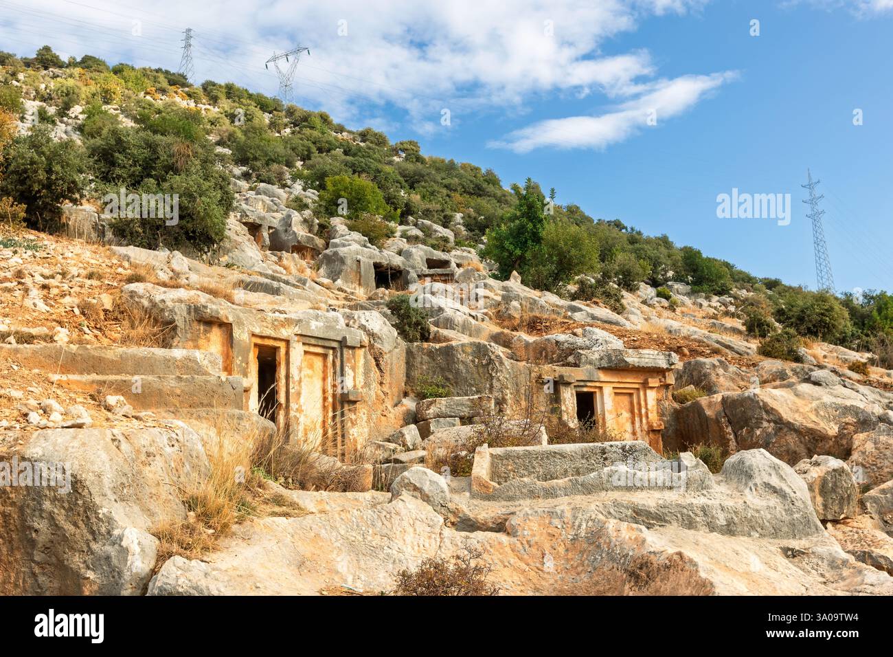 Ruins of Lycian house-type tombs at Lymra Ancient City, Antalya, Turkey ...