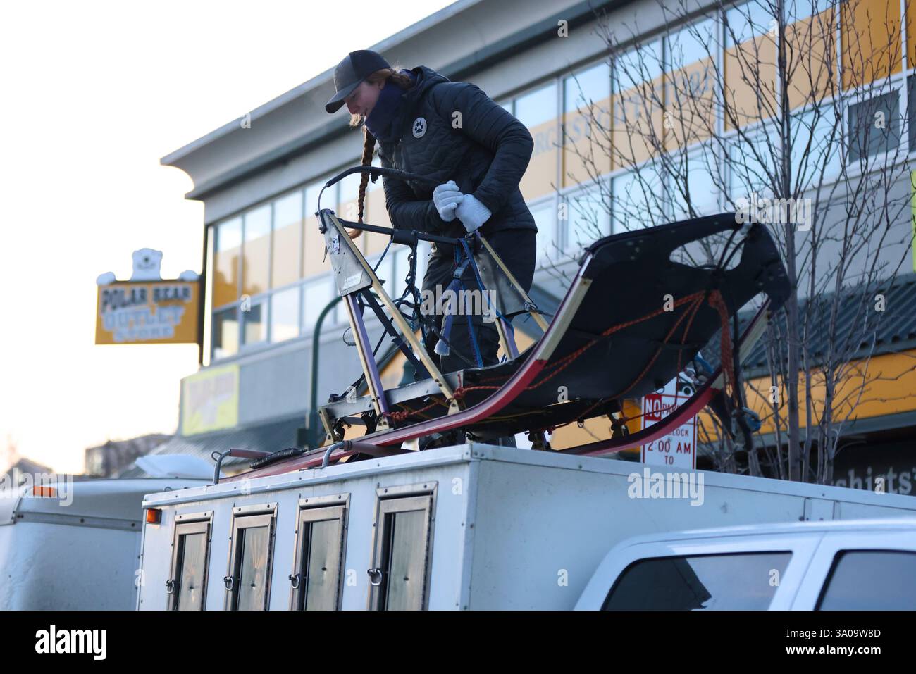 Charmayne Morrison (30), of Bozeman, Montana, unties a sled from the ...