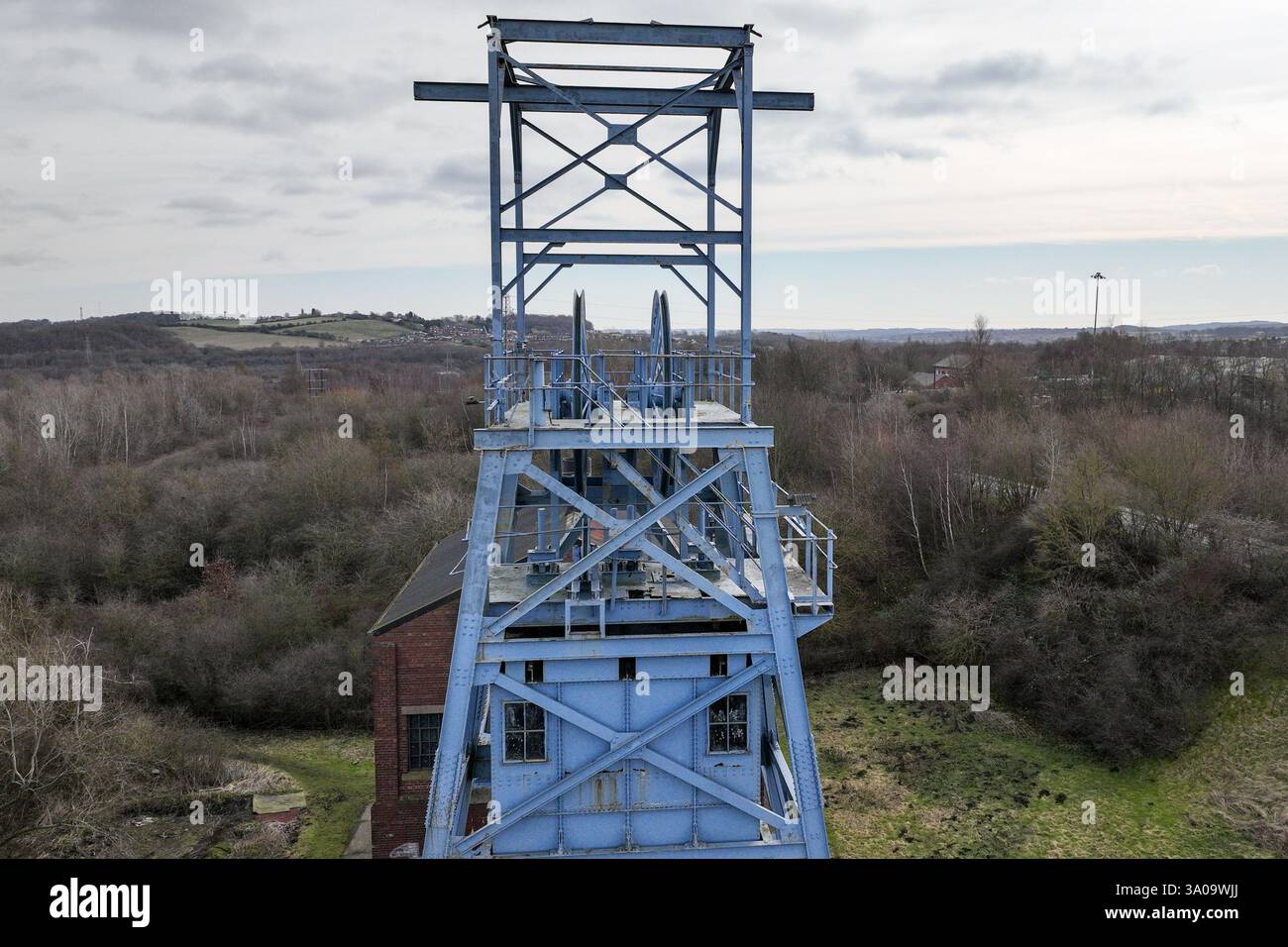 An aerial view of Barnsley Main Colliery pit head and winding gear on ...