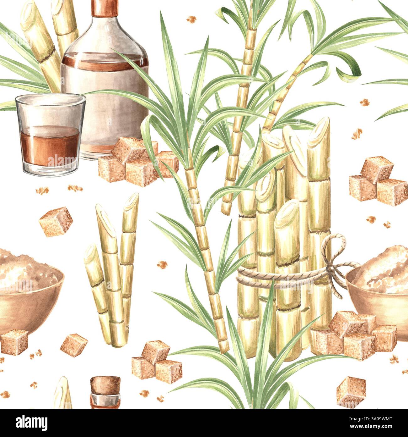 Sugar cane and brown sugar, rum bottle and glass. Seamless pattern of ...