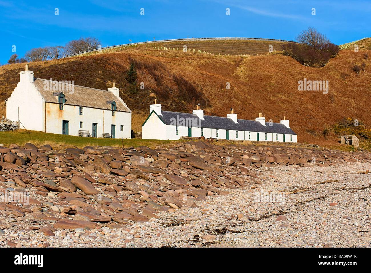 Berriedale Caithness Scotland the white Shore Cottages above the stone ...