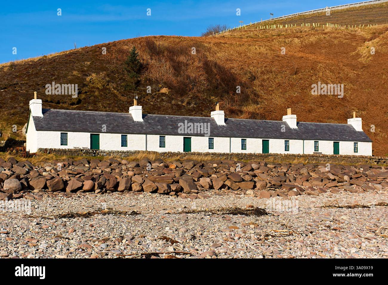 Berriedale Caithness Scotland white Shore Cottages above the shingle or ...