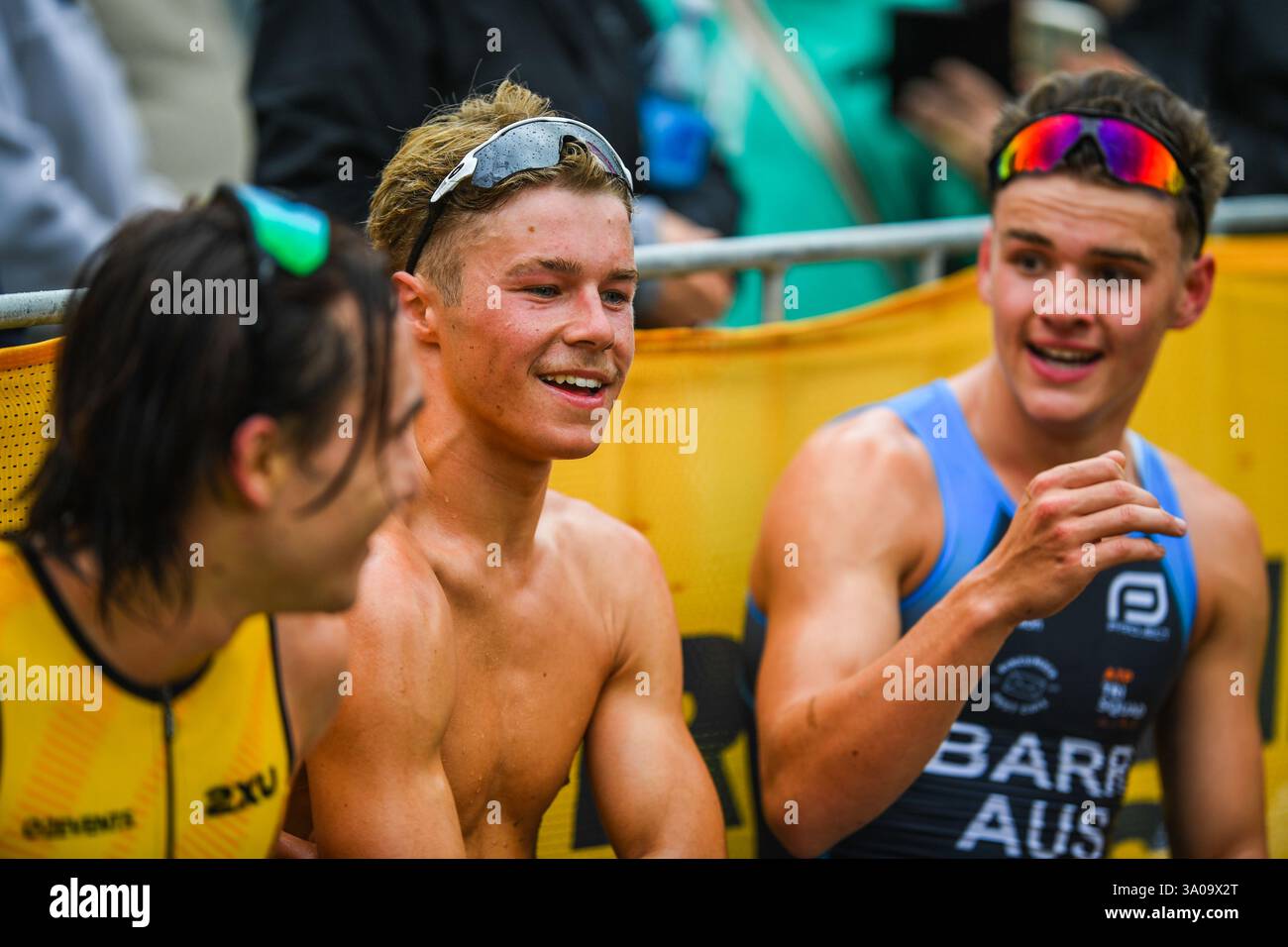 Junior Elites Oscar Wootton (C) and Wade Barr (R) are seen after Race 5 ...