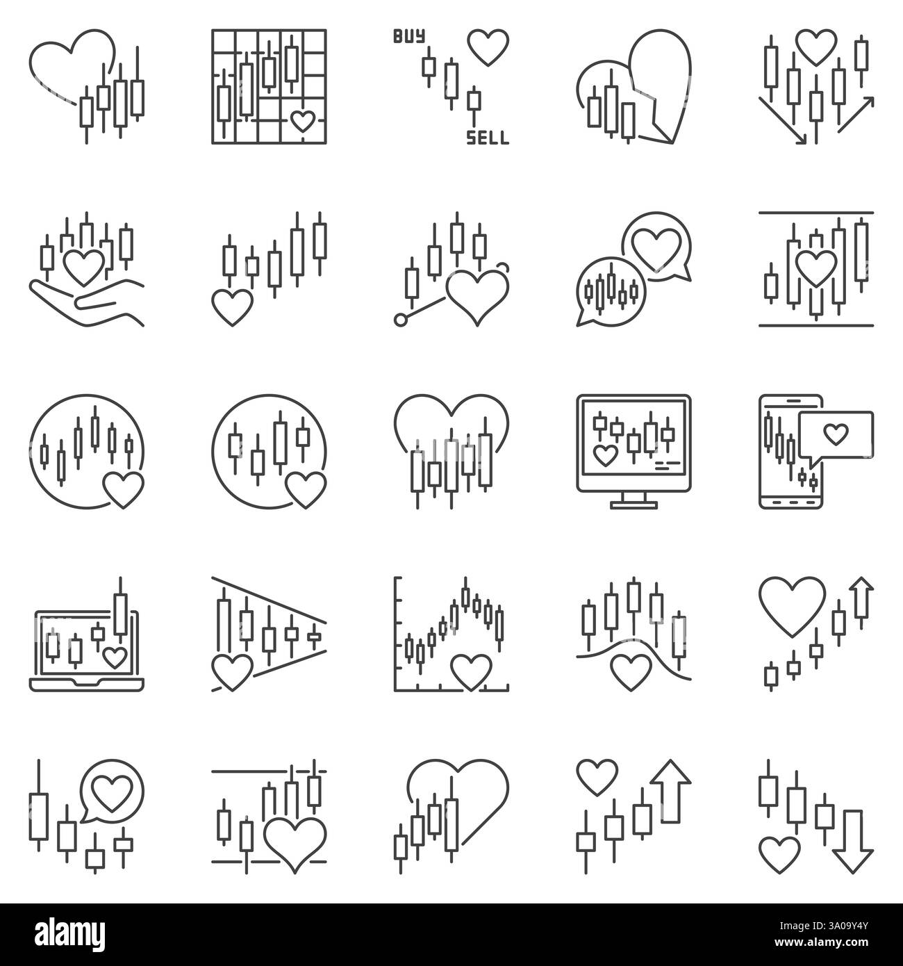 Heart with Candlestick Chart outline icons set - Investment and Trading ...