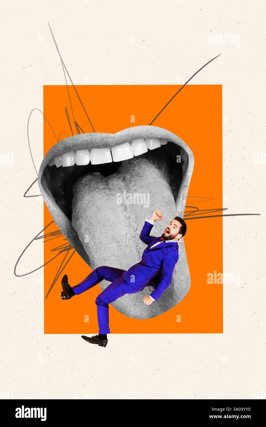 Vertical art trend collage of scared man run mouth show tongue pressure ...