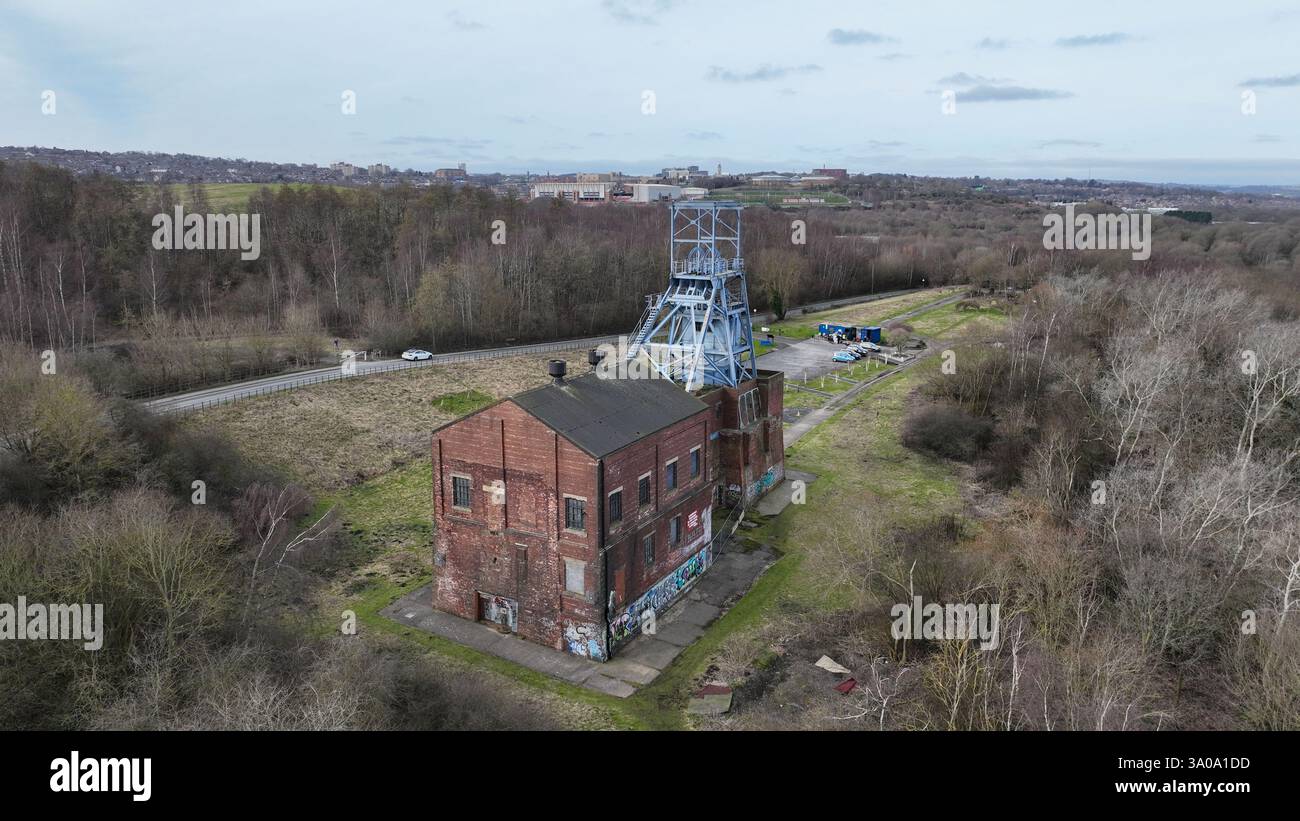 An aerial view of Barnsley Main Colliery pit head and winding gear on ...