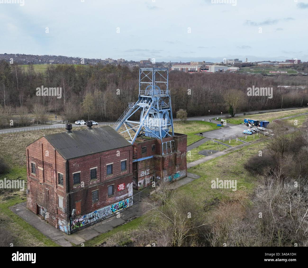 An aerial view of Barnsley Main Colliery pit head and winding gear on ...