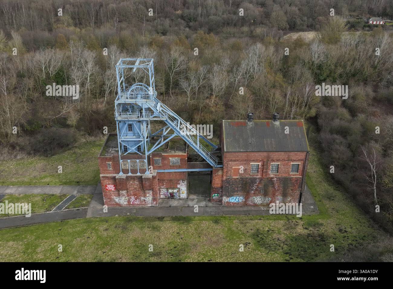 An aerial view of Barnsley Main Colliery pit head and winding gear on ...