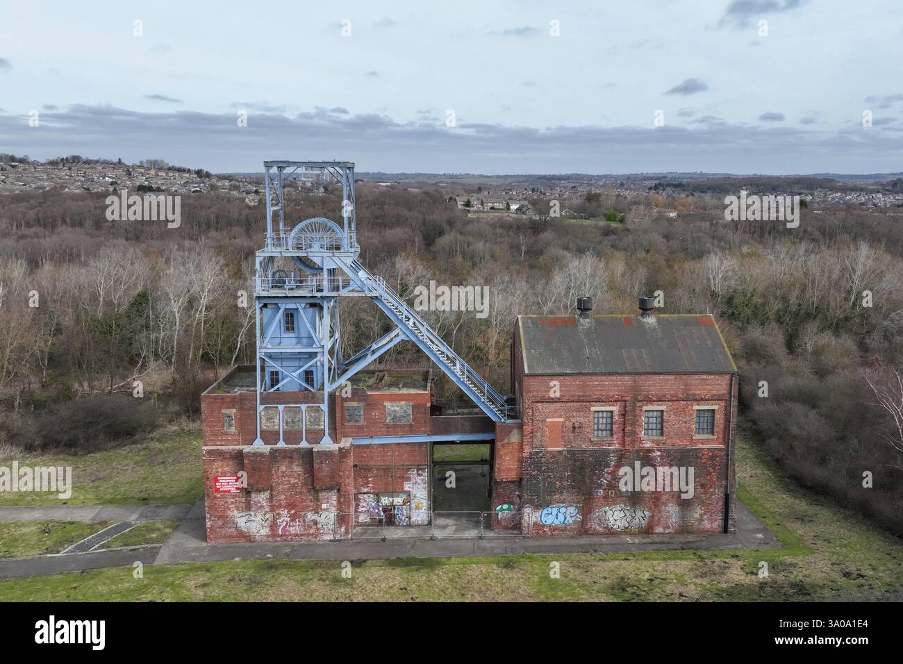 An aerial view of Barnsley Main Colliery pit head and winding gear on ...