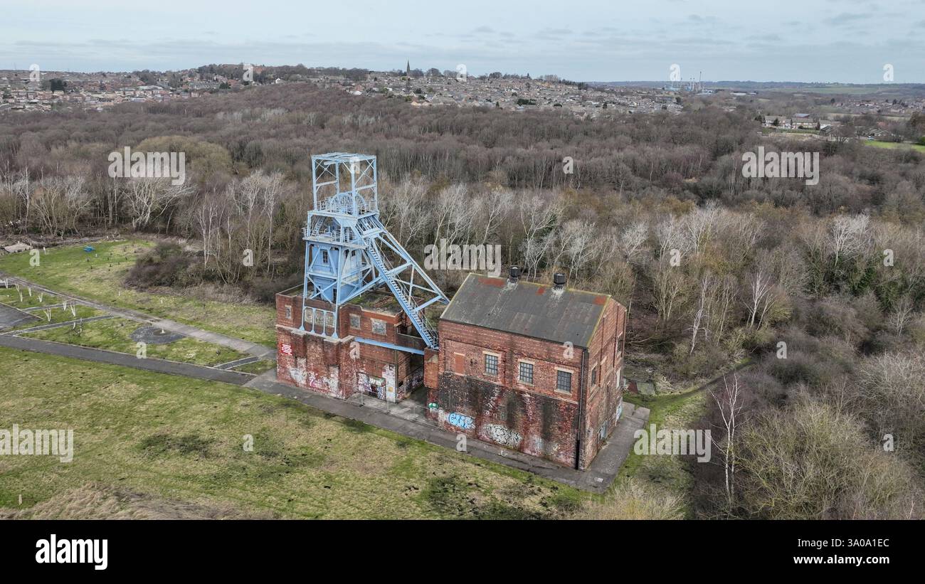 An aerial view of Barnsley Main Colliery pit head and winding gear on ...
