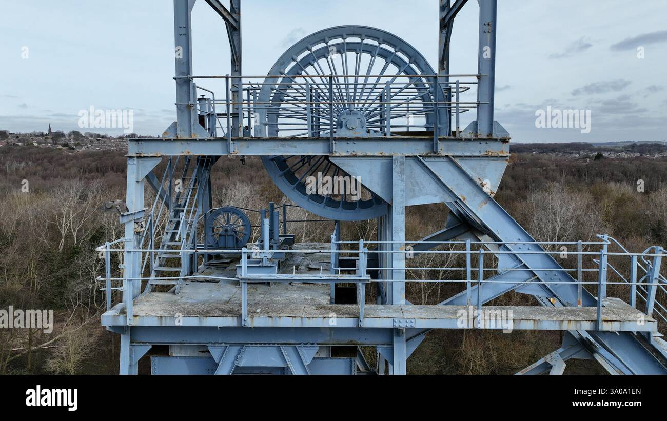 An aerial view of Barnsley Main Colliery pit head and winding gear on ...