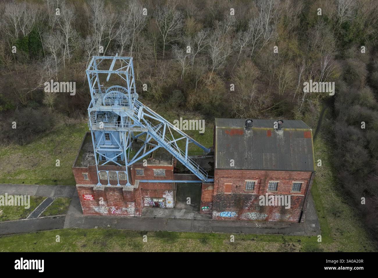 An aerial view of Barnsley Main Colliery pit head and winding gear on ...