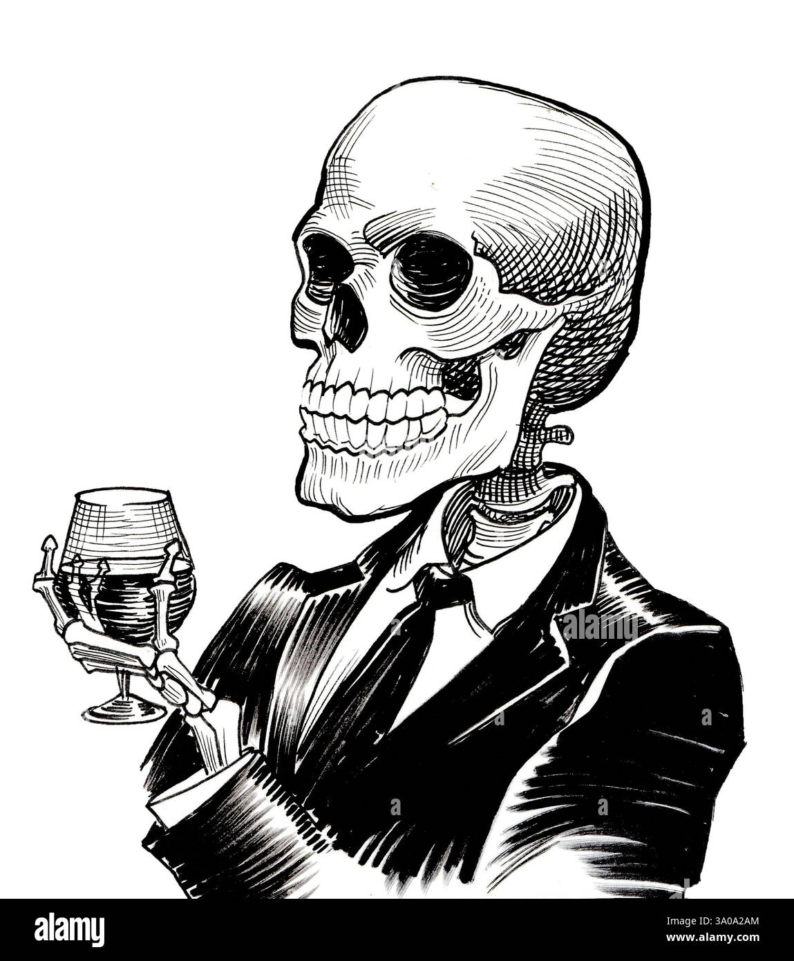 Skeleton drinking a glass of wine. Hand drawn ink black and white illustration Stock Photo - Alamy
