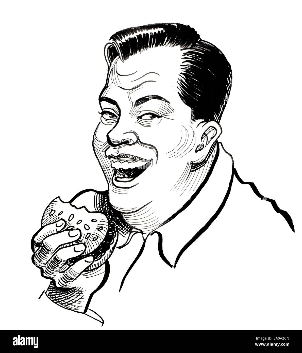 Man eating burger. Hand drawn ink black and white illustration Stock ...