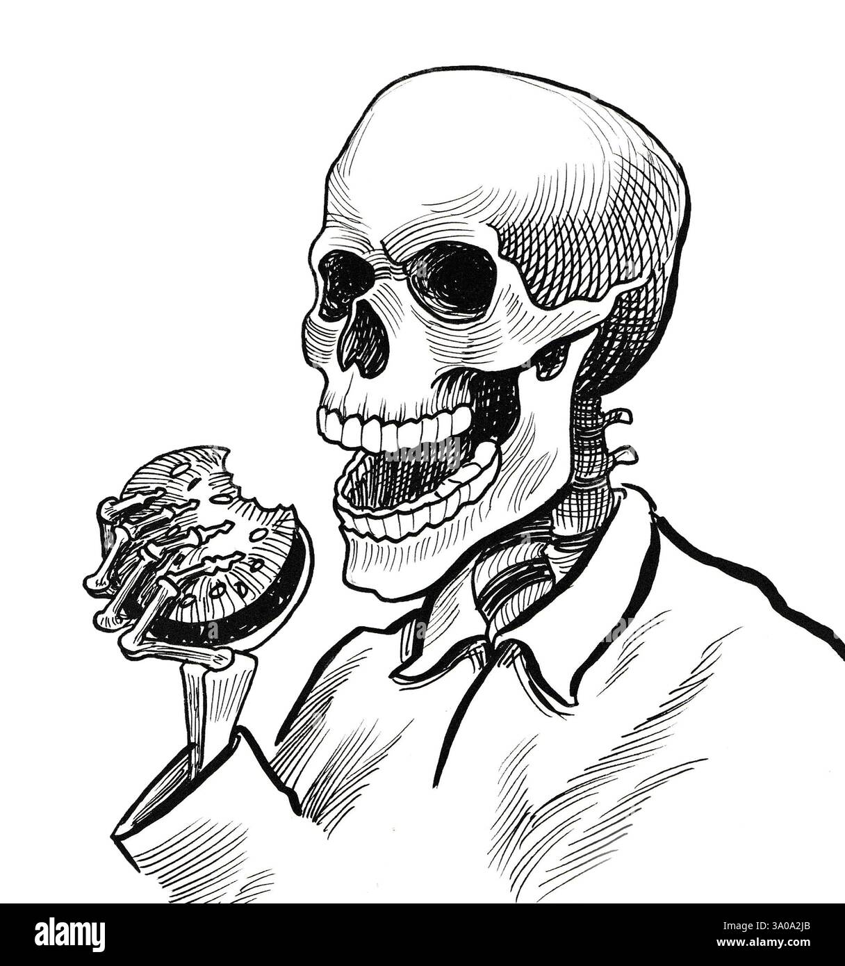 Skeleton eating burger. Hand drawn ink black and white illustration ...