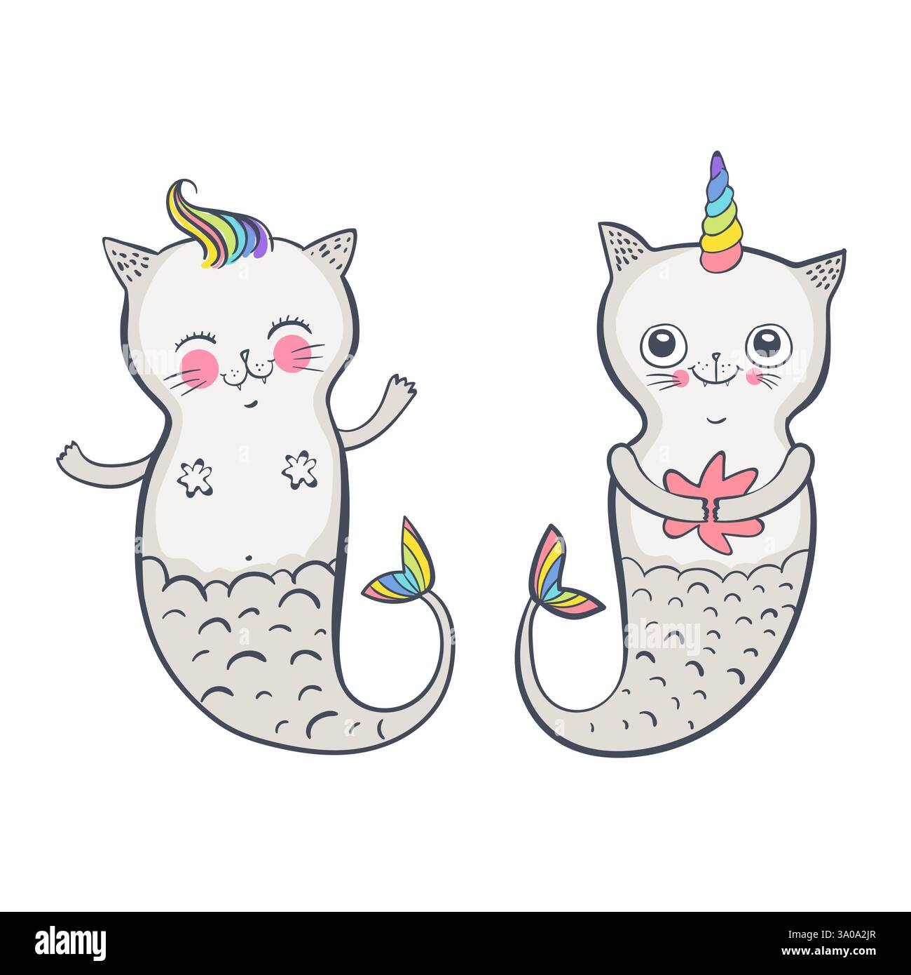 Cute cat mermaid, vector doodle illustration for kids. Happy twins ...