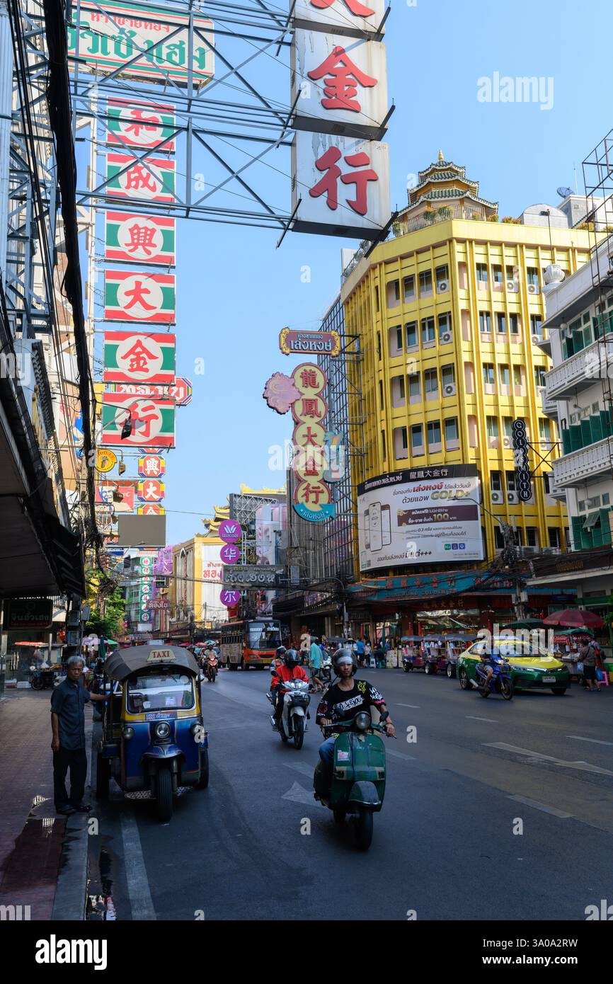 Bangkok, Thailand. February 18th 2025. Motorcycle traffic along a busy Yaowarat Road, Chinatown ...