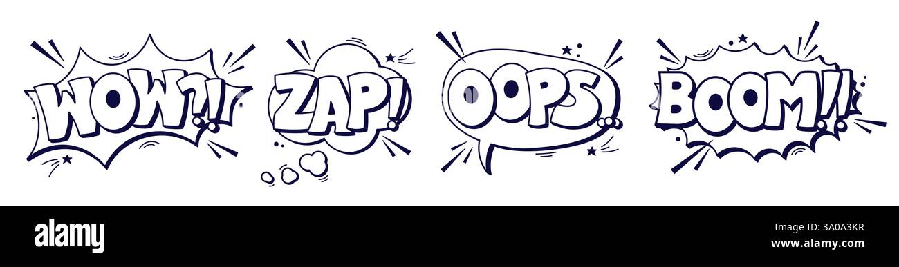 Black and white speech bubbles wow zap oops boom Stock Vector Image ...