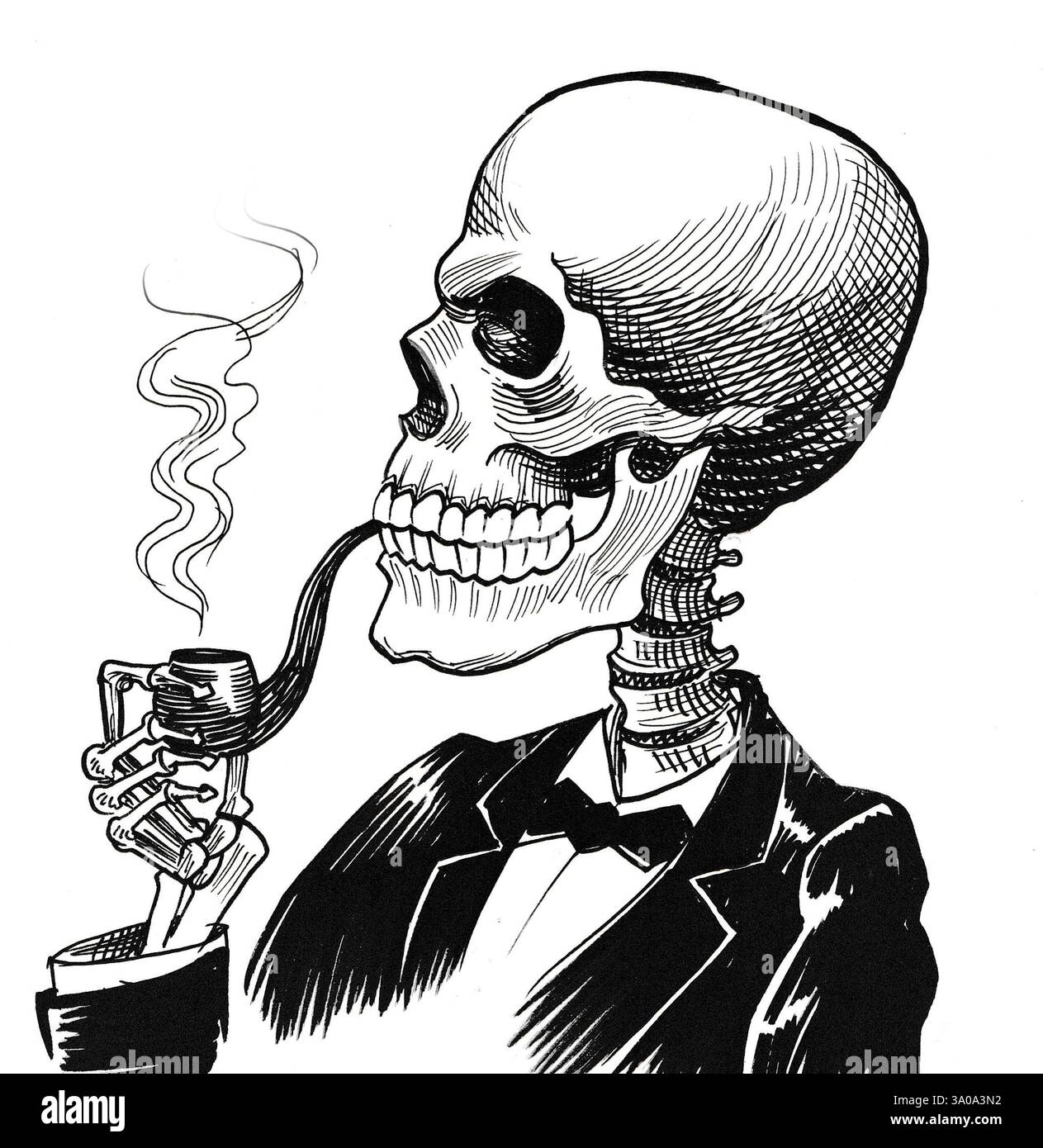 Skeleton smoking pipe. Hand drawn ink black and white illustration ...