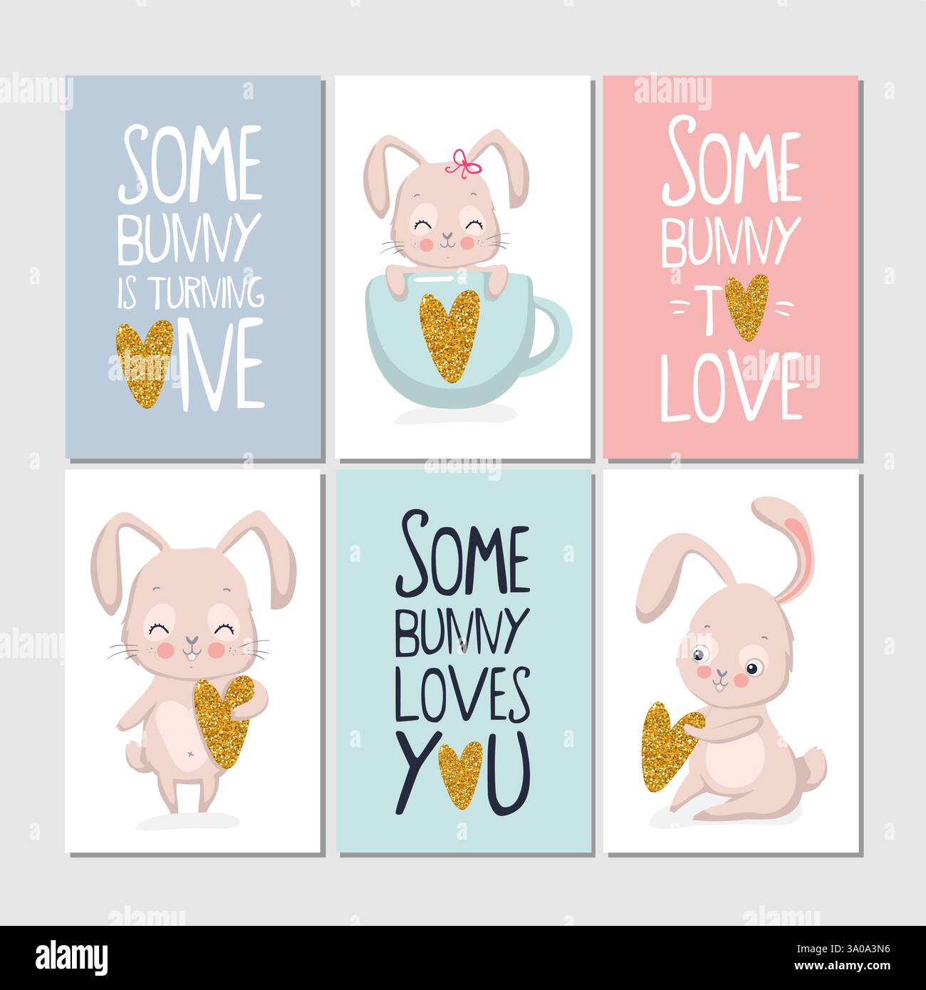 Set of cards with bunny and lettering, some bunny loves you Stock ...