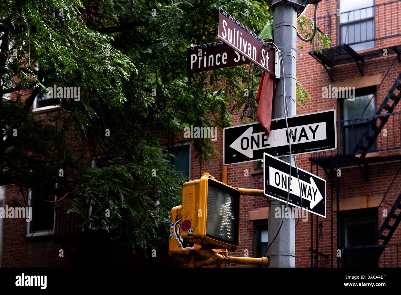 Street view of traffic lights and directions in Soho, New York Stock ...