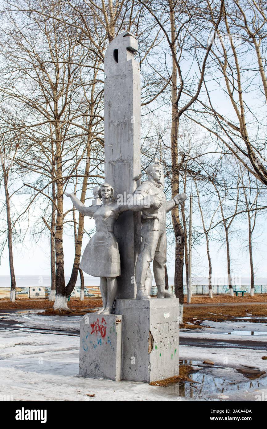 a monument with worker, cosmonaut and Collective Farm Girl of the ...