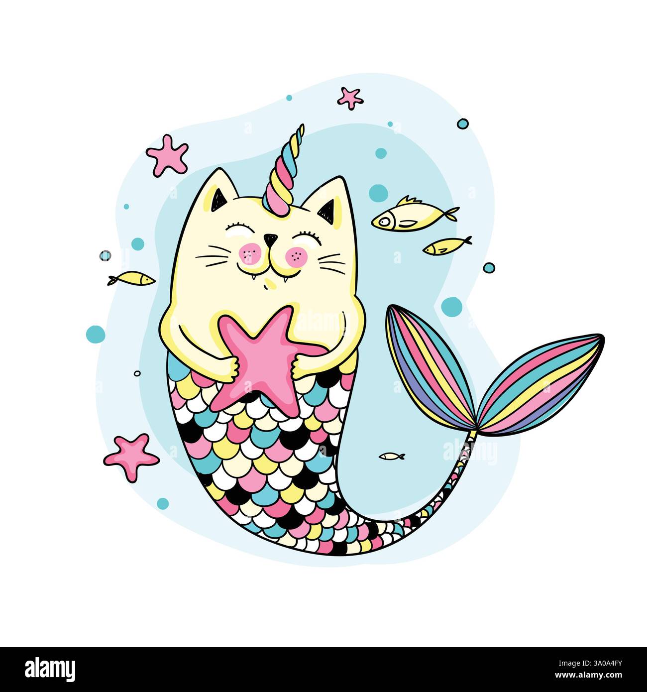 Cute cat mermaid, vector doodle illustration for kids. Eps 10 Stock ...