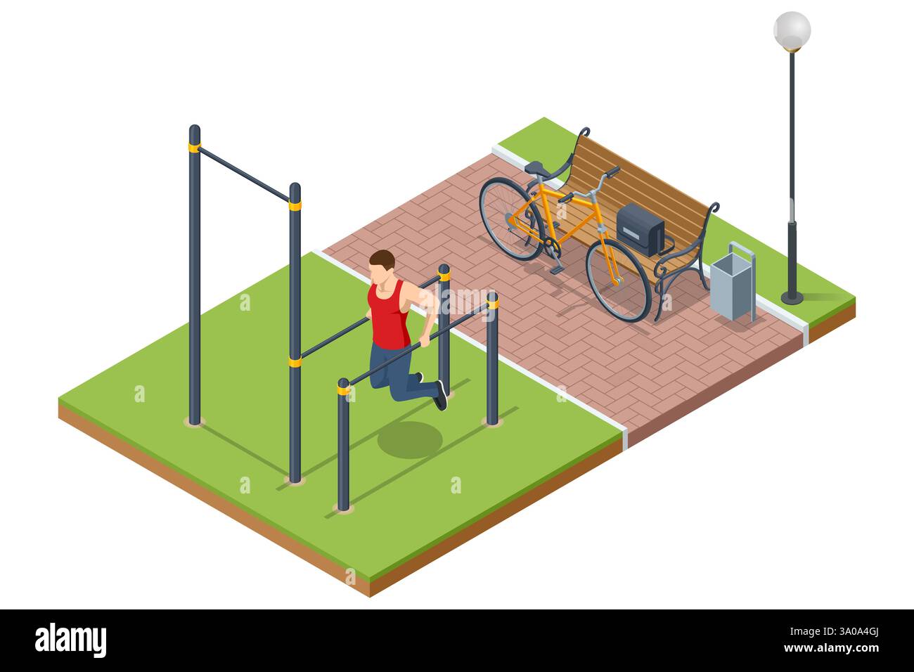 An isometric vector illustration of a man doing outdoor exercises on ...