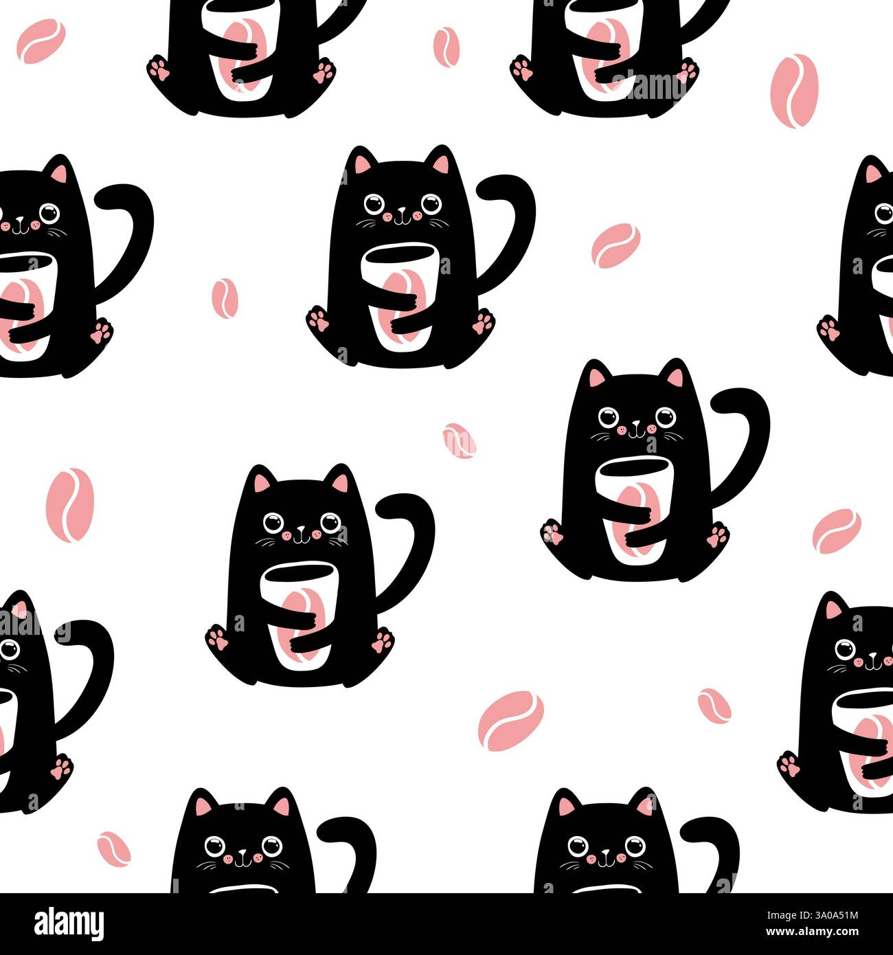 Funny kawaii cats with coffee cup and beans, cute seamless pattern ...